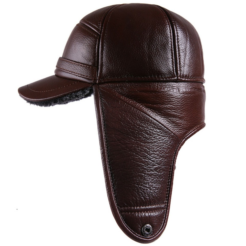 Men's Genuine Leather Winter Warm Trapper Warm Hat Baseball Cap Outdoor ...