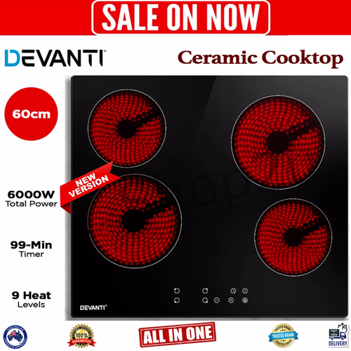 Electric Cooktop 60cm Ceramic Glass 4 Zones Stove Cook Top Cooker 6000W ...