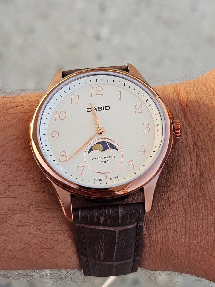Casio MTP-M110RL-5AVDF Men’s Moon Phase Watch Rose Gold Brown Leather Strap New | eBay