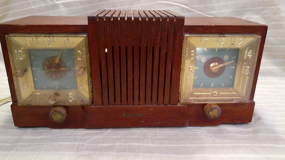 RARE 1954 Firestone model 4-A-128 AM Radio Telechron Mantle Clock ...