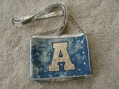 3584) Justice Blue Denim Handbag Silver Trim Glitter Initial "A" Inside ...