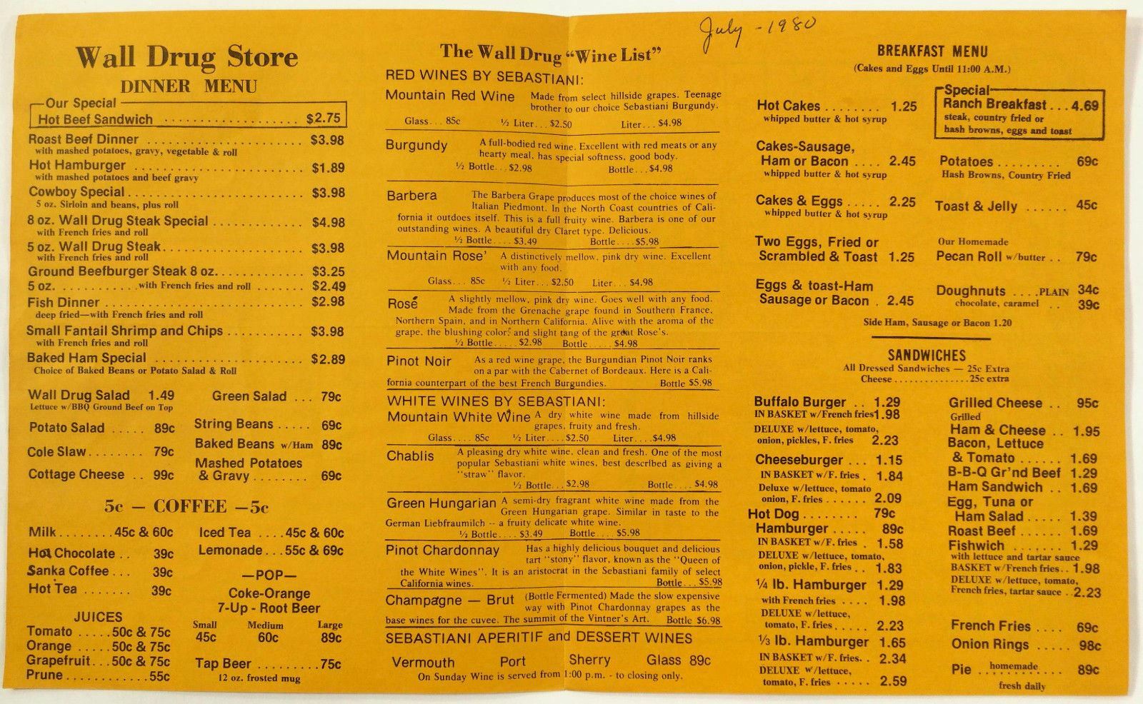 1980 Original Vintage Menu WALL DRUG STORE Cafe Restaurant Wall South ...