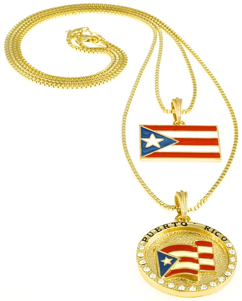 Puerto Rico Flag New Two Pendant Necklaces Set 24 & 30 Inch Box Link ...