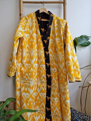 Yellow IKAT Quilted Indian Cotton Robes Long Kimono Sleepwear Night ...