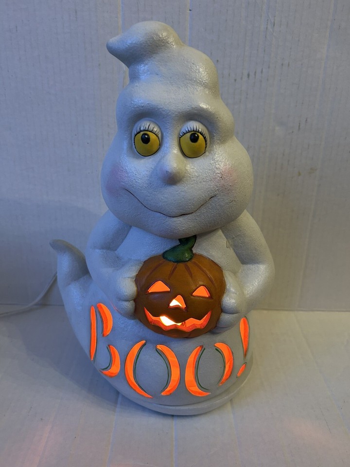 Large Ceramic Boo Ghost Holding Pumpkin Halloween Decor Light Vintage ...