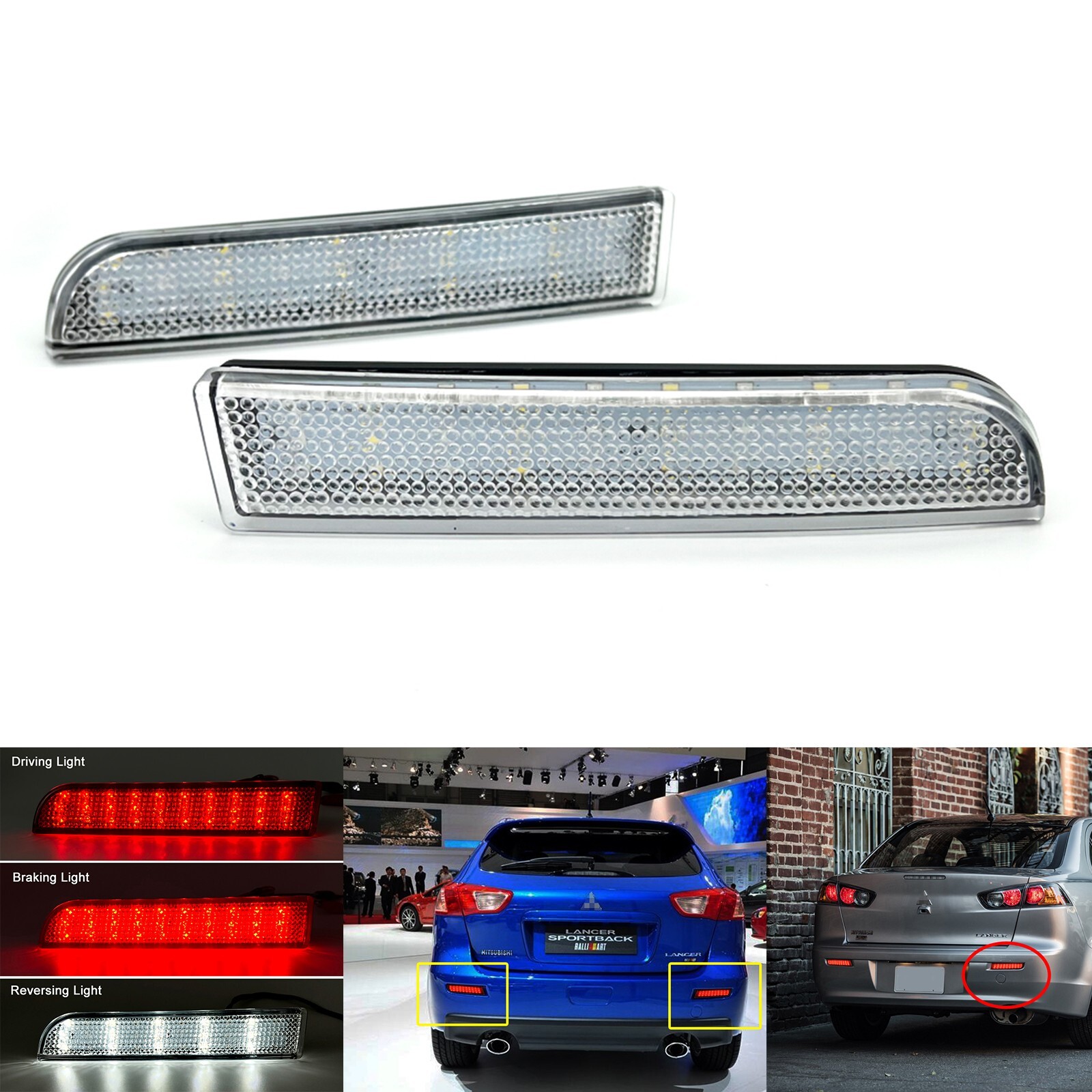 Clear LED Bumper Reflector Reverse Tail Brake Lights For Mitsubishi ...