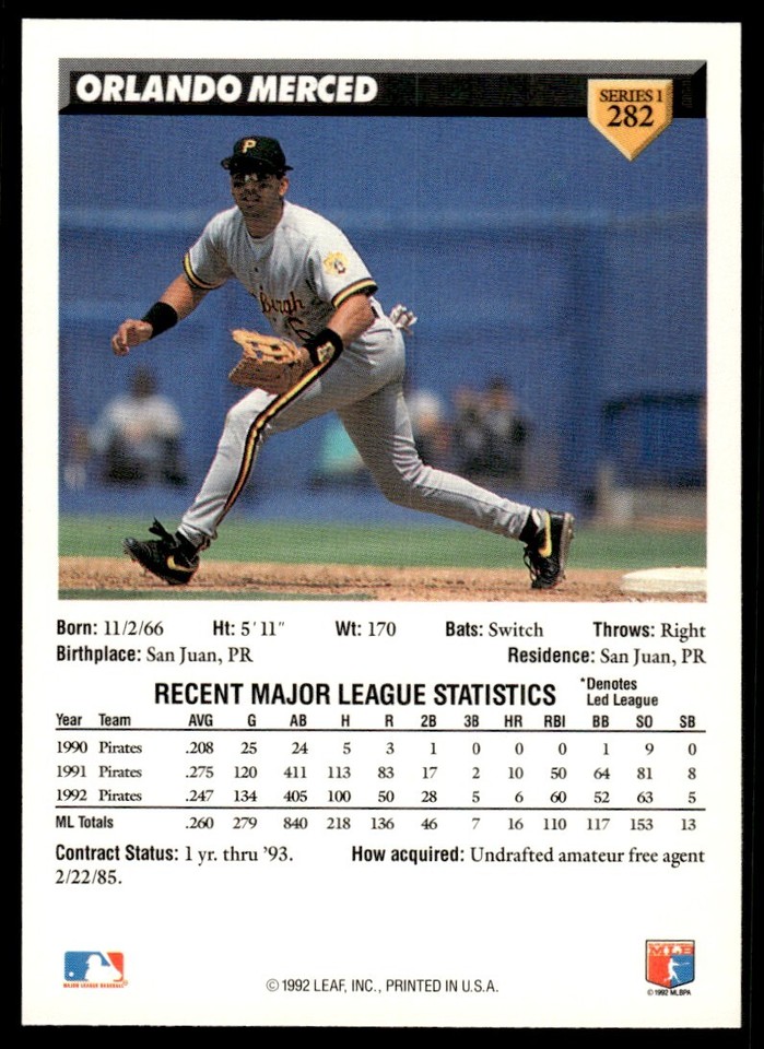 1993 Donruss Baseball Card Orlando Merced Pittsburgh Pirates #282 | eBay