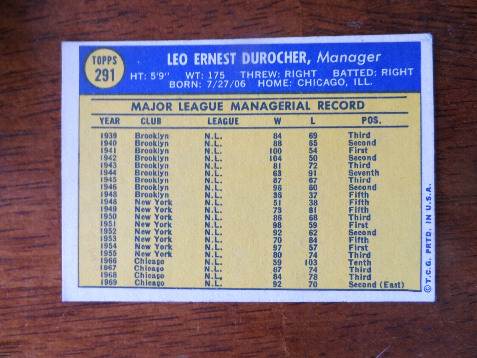 1970 TOPPS BASEBALL #291 LEO DUROCHER CHICAGO CUBS U-464 | eBay