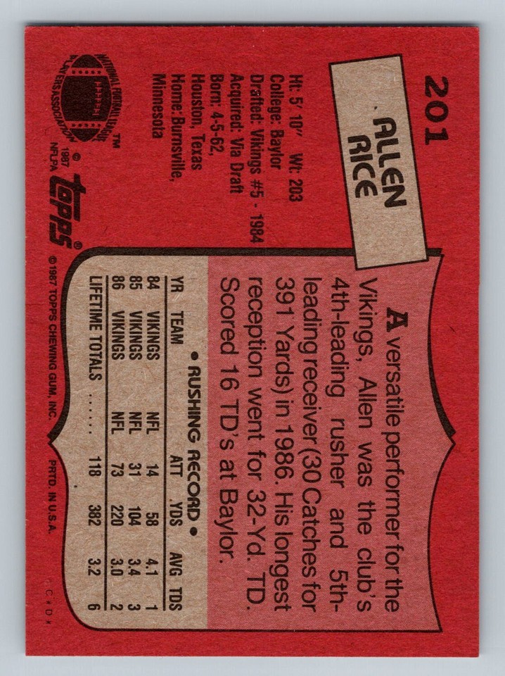 1987 Topps #201 Allen Rice RC Rookie Minnesota Vikings | eBay