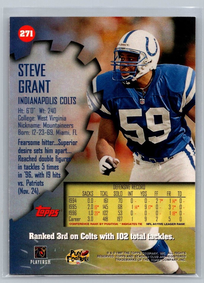 1997 TOPPS STADIUM CLUB CARD # 271 Steve Grant - Indianapolis Colts | eBay