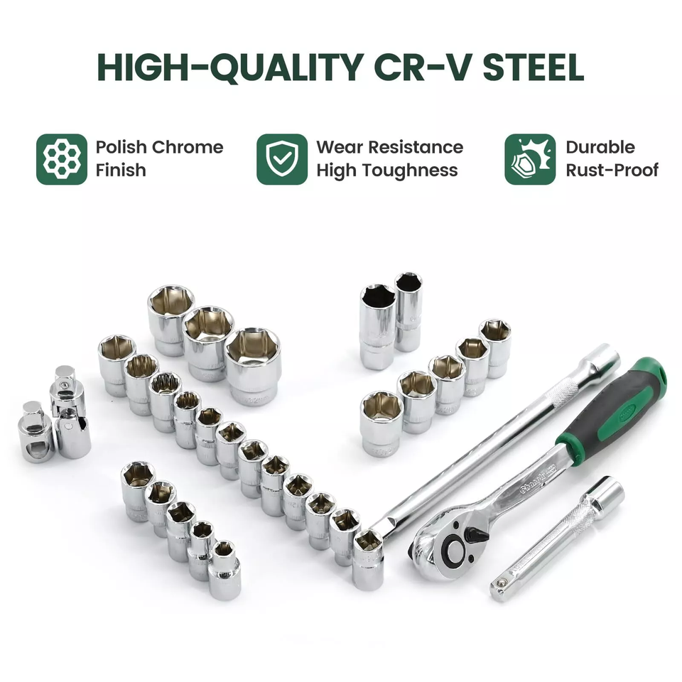 32Pcs 1/2" Metric Drive Socket Set 8-32mm Sockets 6/12 Point Ratchet ...