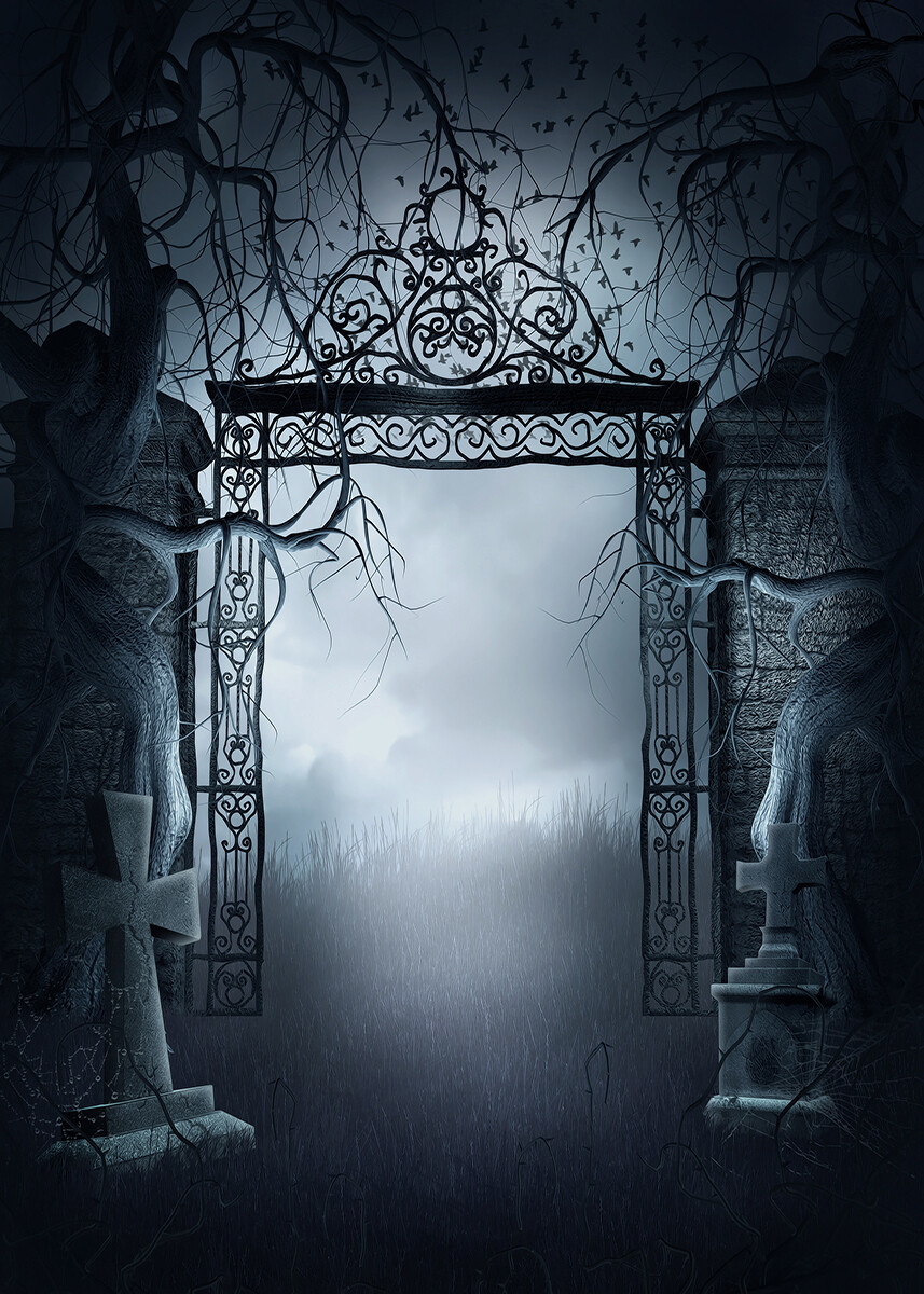 Foggy Night Scene with a Cemetery Gate Backdrop 5x7ft Vinyl Photo ...