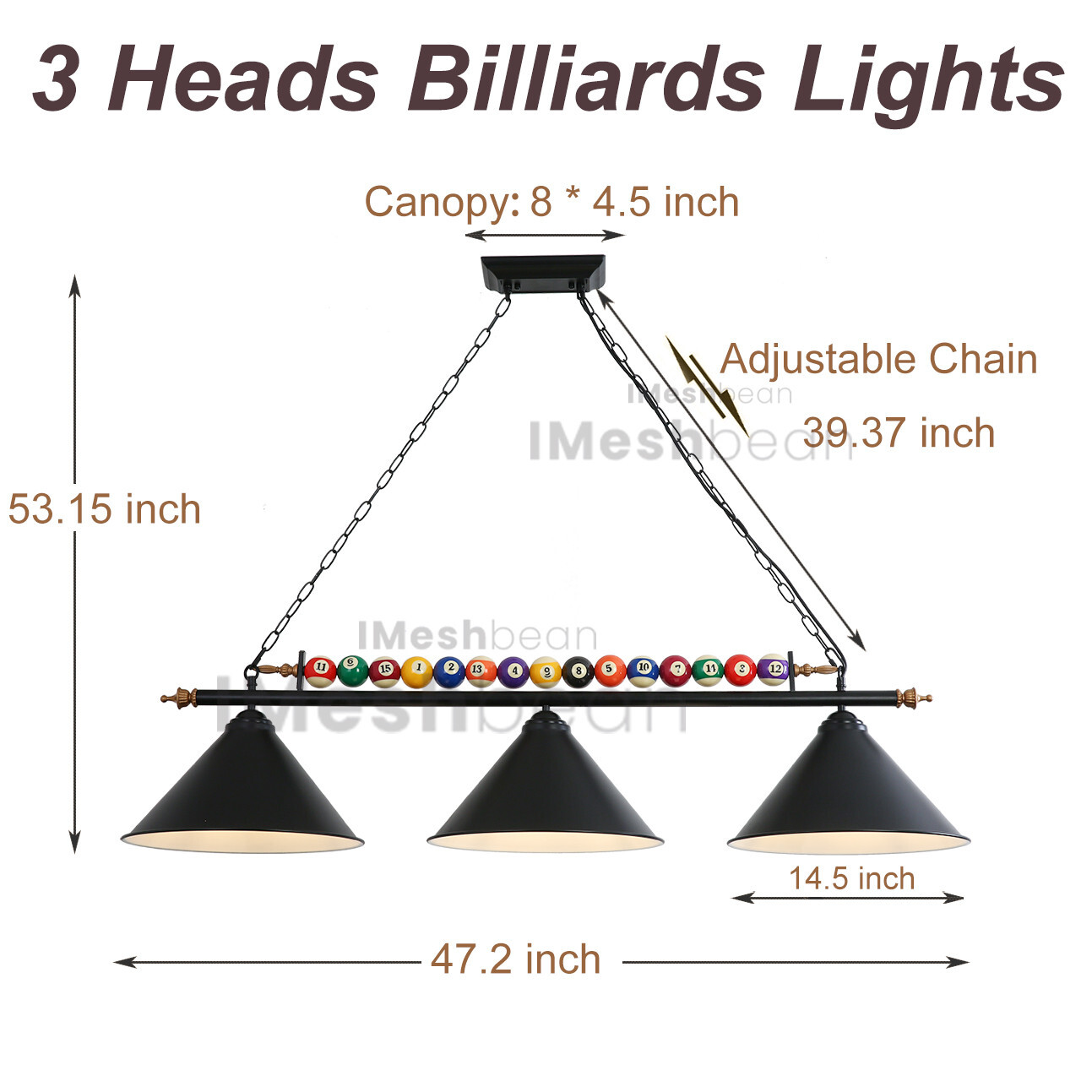 47" Metal Ball Design Hanging Pool Table Light Billiard Lamp with 3 ...