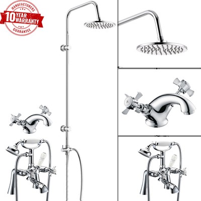 Traditional Bath Shower Mixer with 3 Way Rigid Riser Kit & Round Neck ...
