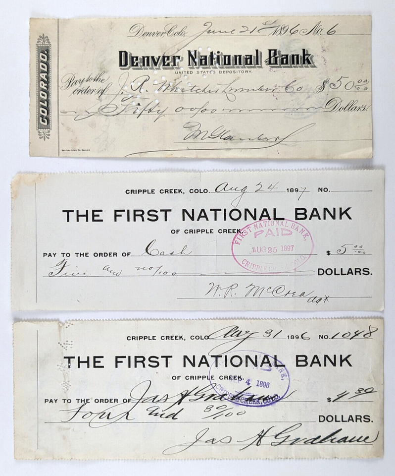 Lot 10 Mixed Antique Colorado Bank Checks Cripple Creek Denver Berthoud ...