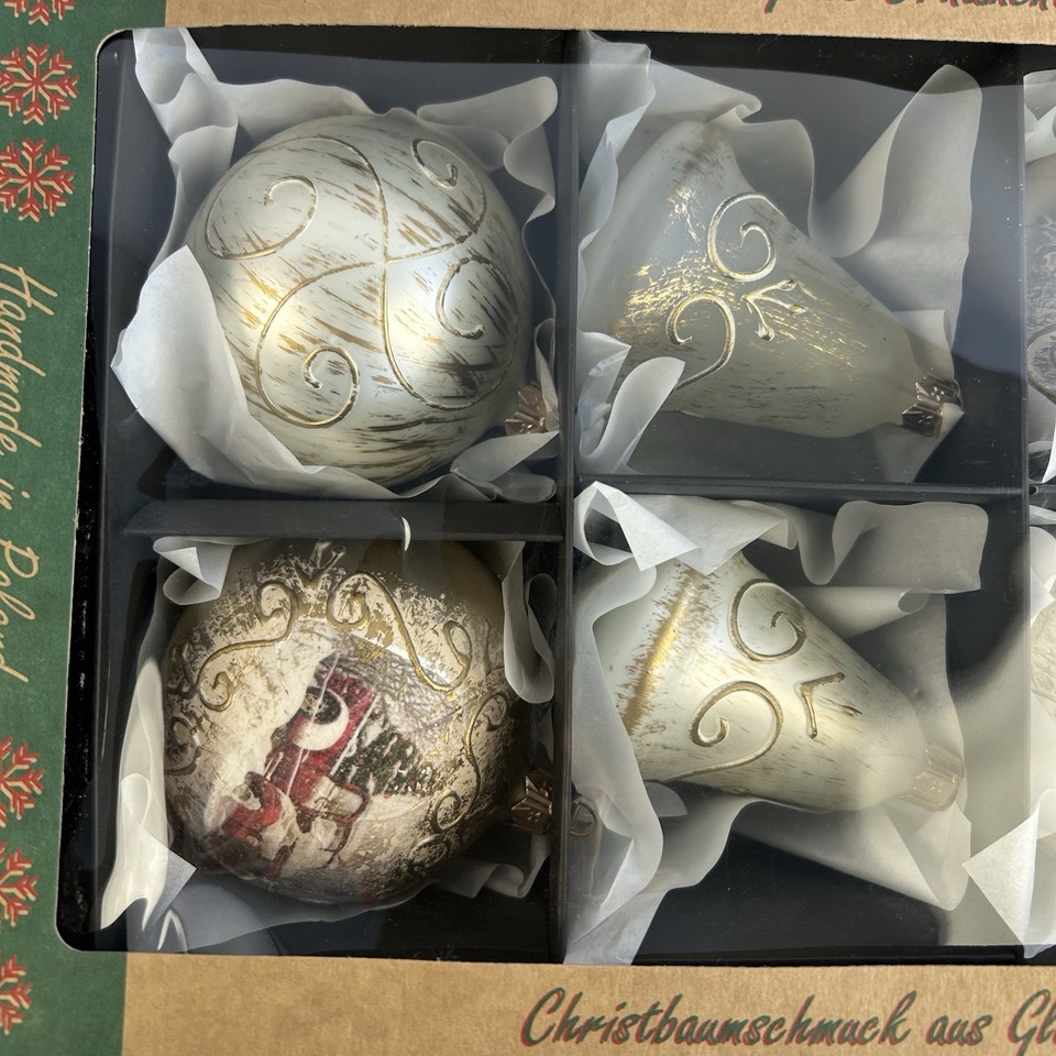 Boxed Set of 6 Vitbis Handmade Poland Glass Ornaments Gold Red Ivory ...