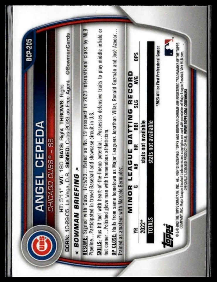 2023 Bowman Chrome Sapphire Edition #BCP-205 Angel Cepeda Prospects | eBay