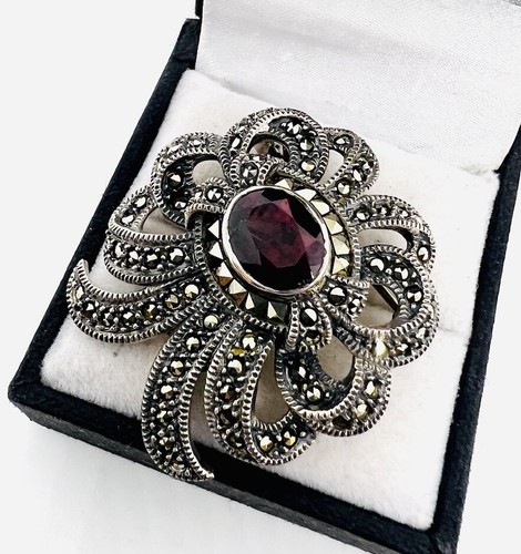 JUDITH JACK Sterling Silver Garnet & Marcasite Brooch 15gmSigned ...