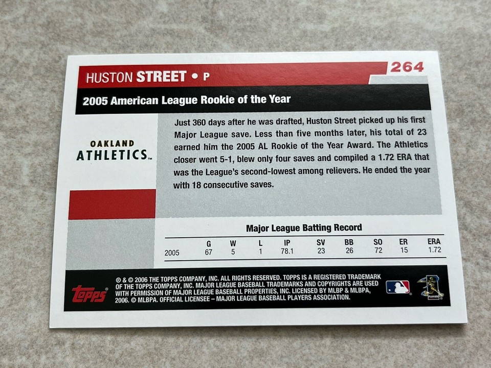 2006 Topps #264 Huston Street Rookie of the Year MLB Oakland Athletics ...
