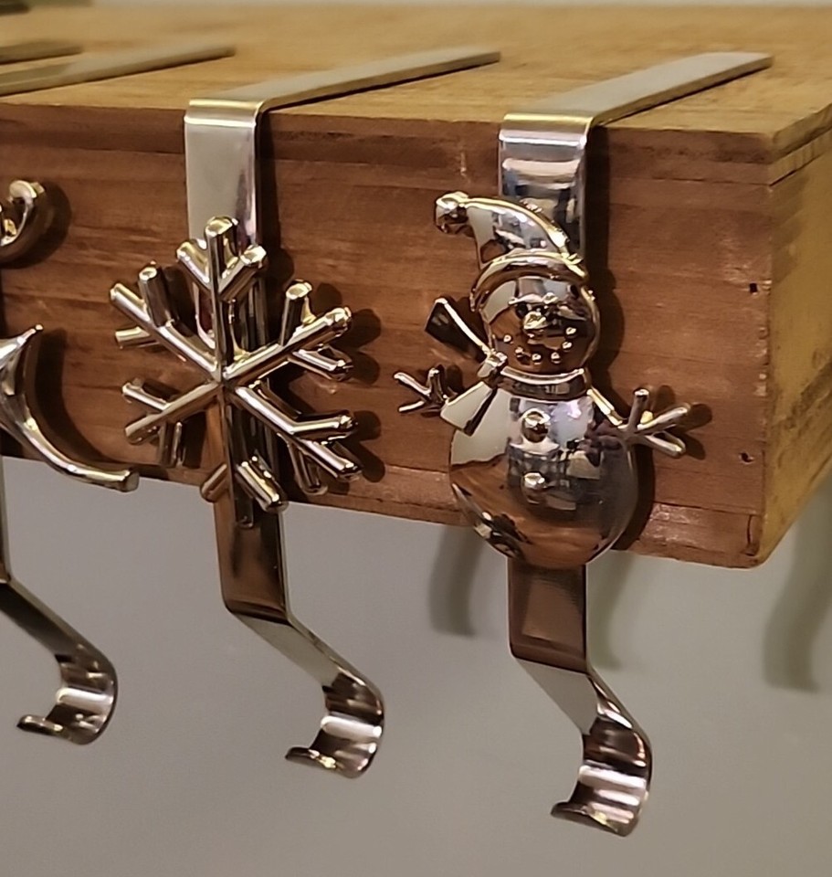 4 Christmas Stocking Hangers Hooks Silver Metal Reindeer Tree Snowflake ...