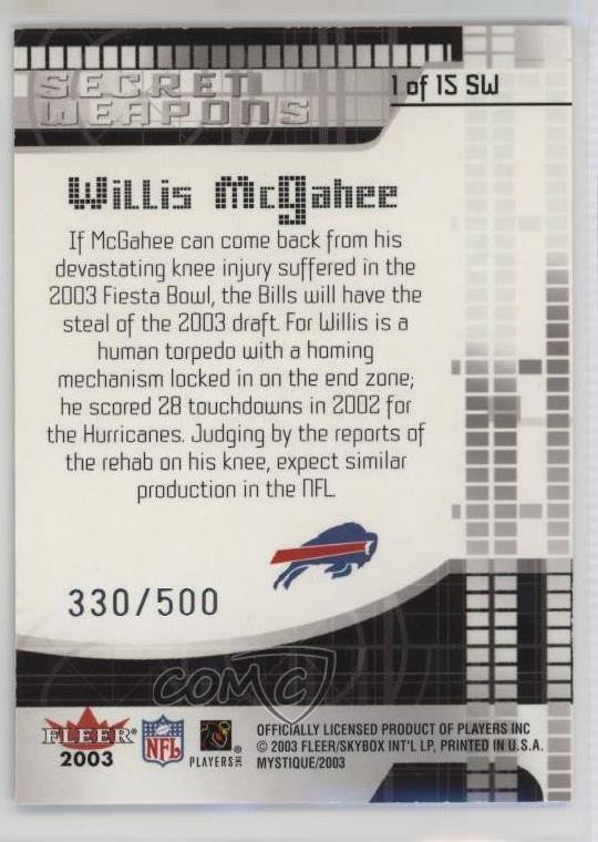 2003 Fleer Mystique Secret Weapons /500 Willis McGahee #1SW Rookie RC ...