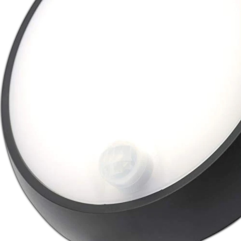 LED PIR Wall & Ceiling Round Circular Black Bulkhead Flush Mounted 10W ...