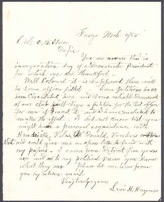 1885 Grover Cleveland Inaugural "March 4, 1885" from Col. C.B. Stowe ...