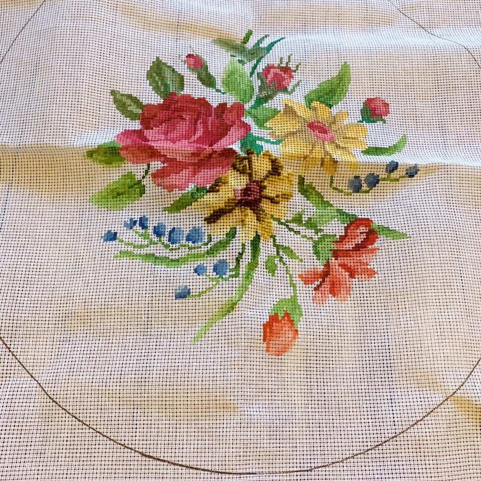 Floral Flowers Bouquet Needlepoint Tapestry, Started. Canvas 19 ...