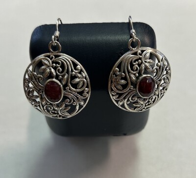 Sterling silver red stone dangle earrings | eBay