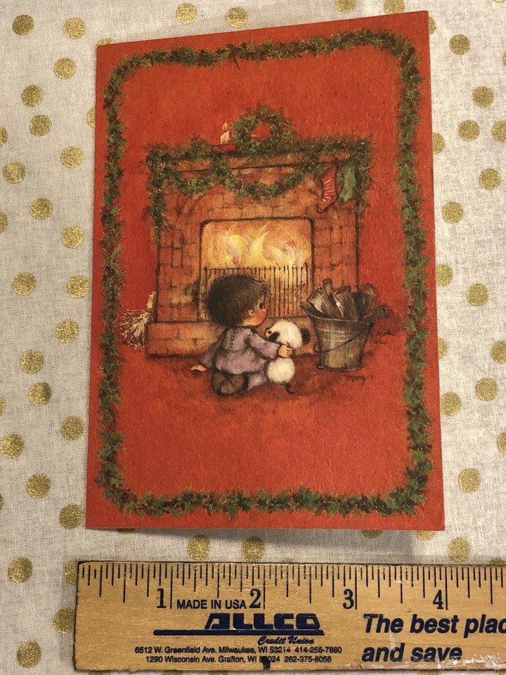 Vintage Mary Hamilton Christmas Card Boy & Dog by Fireplace Unused w ...