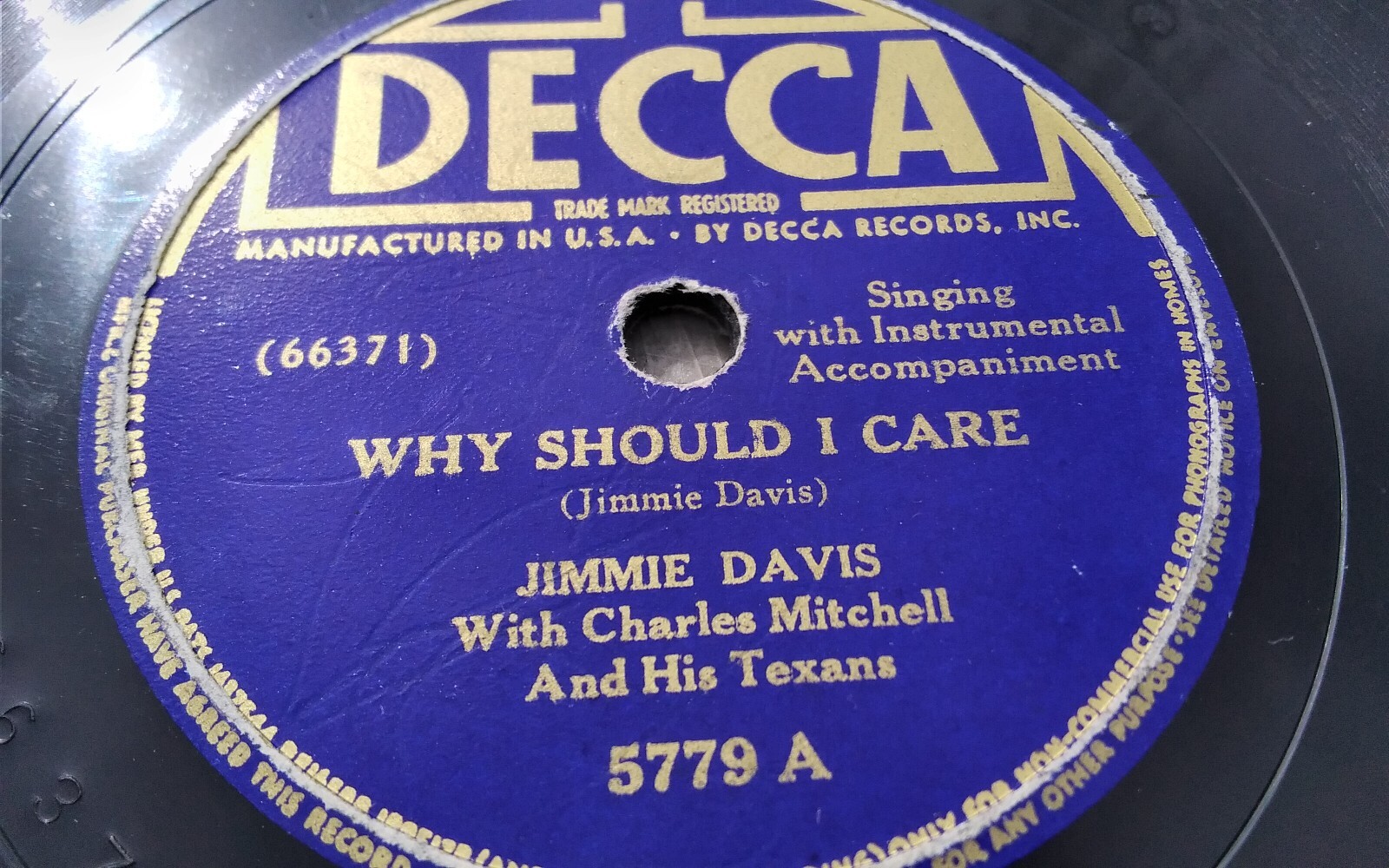 Jimmie Davis 78rpm Single 10-inch Decca Records #5779 Why Should I Care ...
