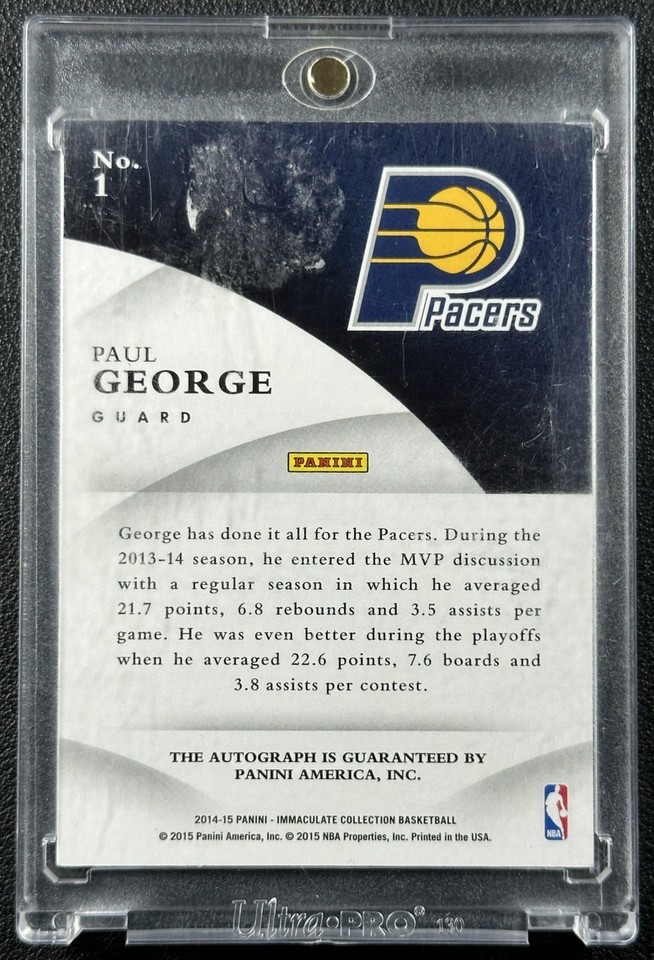 PAUL GEORGE 2014-15 PANINI IMMACULATE COLL #1 INK RED AUTO 2/25 PACERS ...