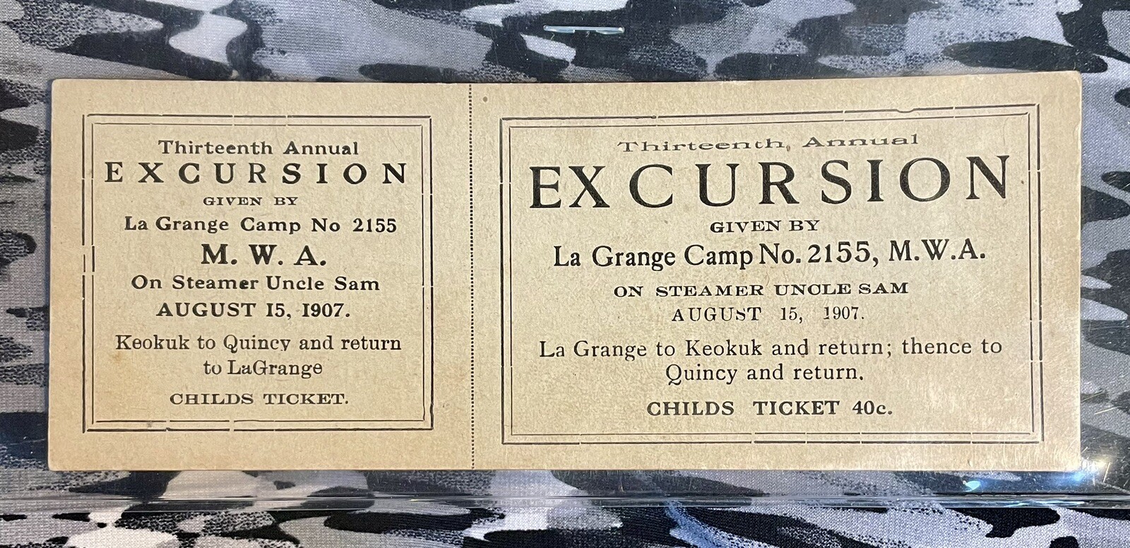 Steamer Uncle Sam 1907 Ship Excursion Ticket Lagrange Keokuk Quincy ...