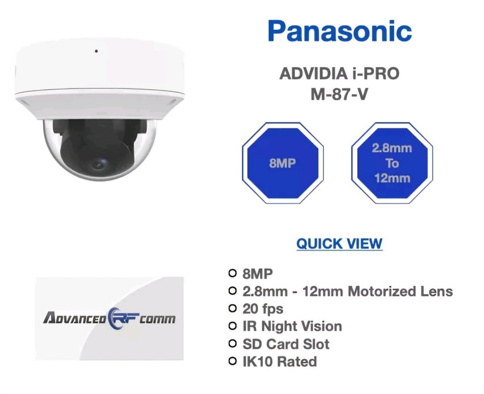 Panasonic ADVIDIA i-PRO M-87-V 8MP K10 Dome Camera Night Vision 2.8 ...