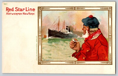 Postcard Red Star Line - Advertising w Passenger Liner & Sailor Smoking ...