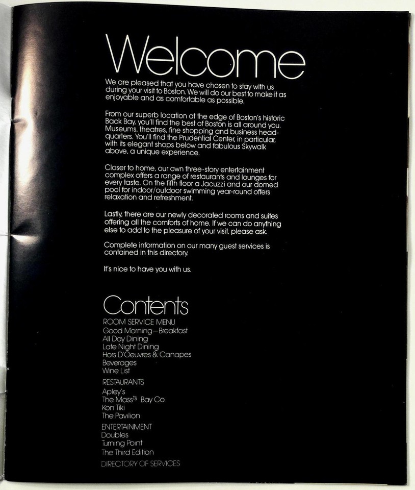 1981 Vintage Room Service & Wine Photo Menu SHERATON BOSTON HOTEL ...