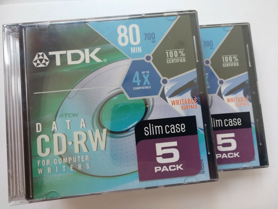 TDK CD-RW 5-Pack Rewritable Data CDs 1x-4x 700MB 80 min Blank Sealed ...