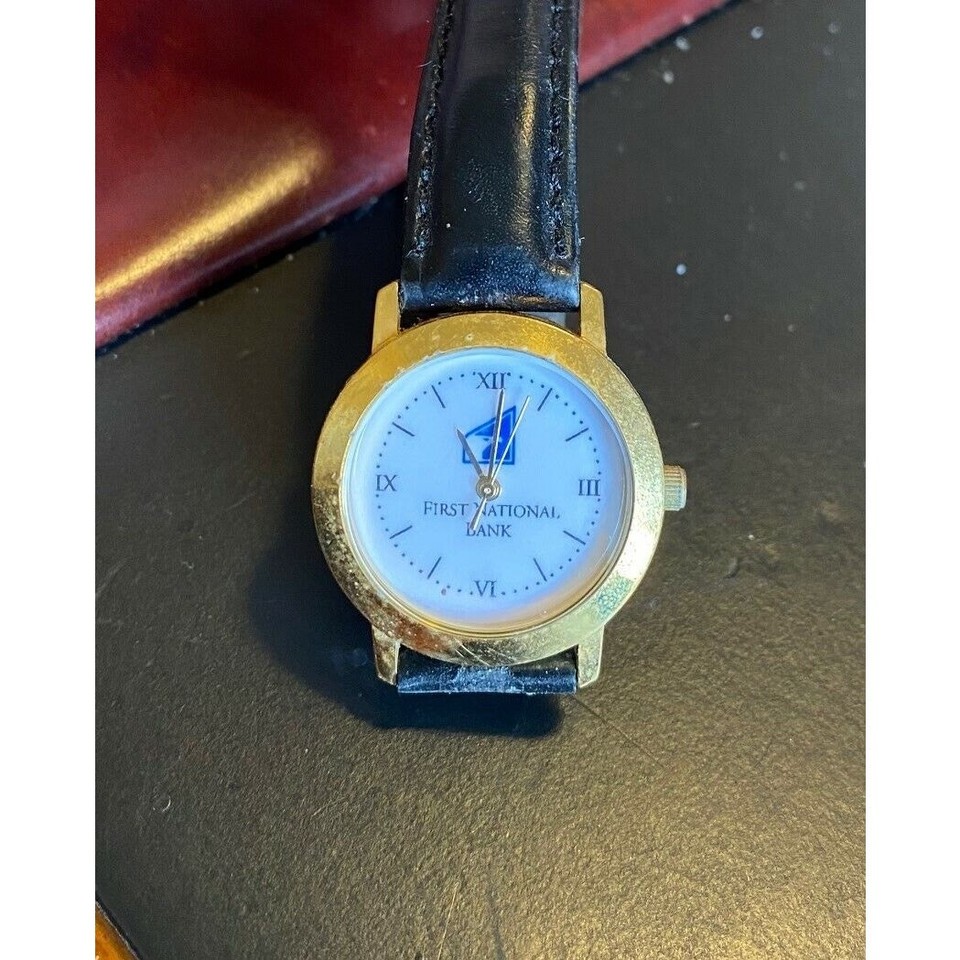 Women's 28mm Gold Tone Watch, First National Bank Logo, Black Leather ...
