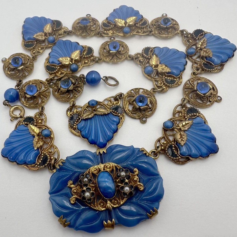 RARE ANTIQUE ART DECO NEIGER BROS BLUE CZECH GLASS ENAMEL PEARL FLOWER ...