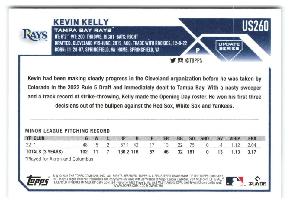 2023 Topps Update Kevin Kelly Rookie #US260 Tampa Bay Rays BASEBALL ...