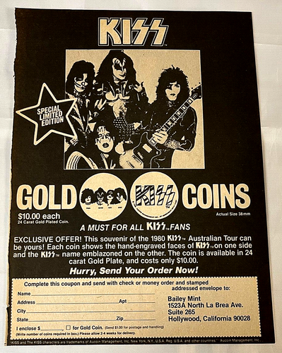 KISS Vintage Gold Coins Promo Magazine Ad 8X11 Promotional Aucoin Ace ...
