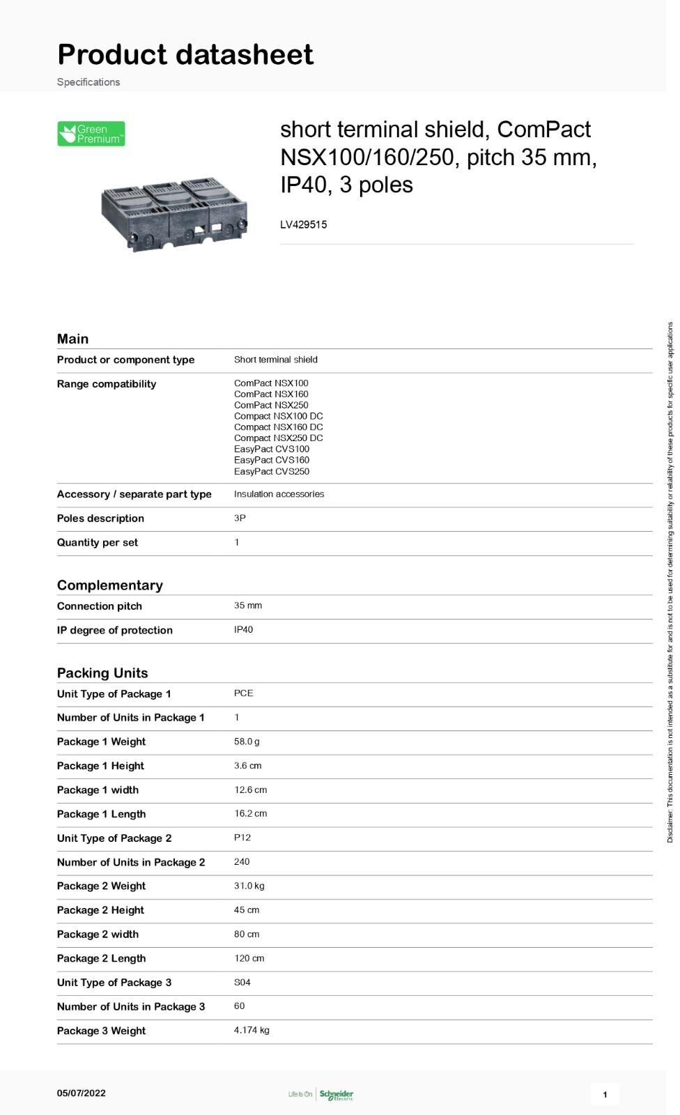 Schneider Electric - LV429515 Short Terminal Shield ComPact Pitch 35 | eBay