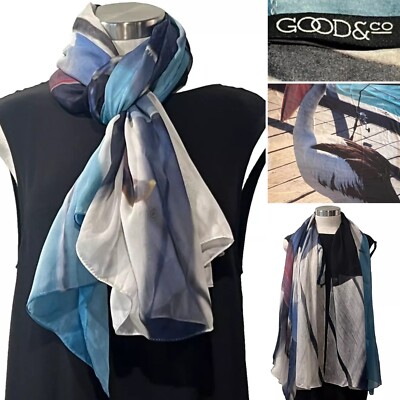 GOOD&CO $225 Silk Chiffon PELICAN Blu,Blk,Brown Handprint+Roll SCARF ...