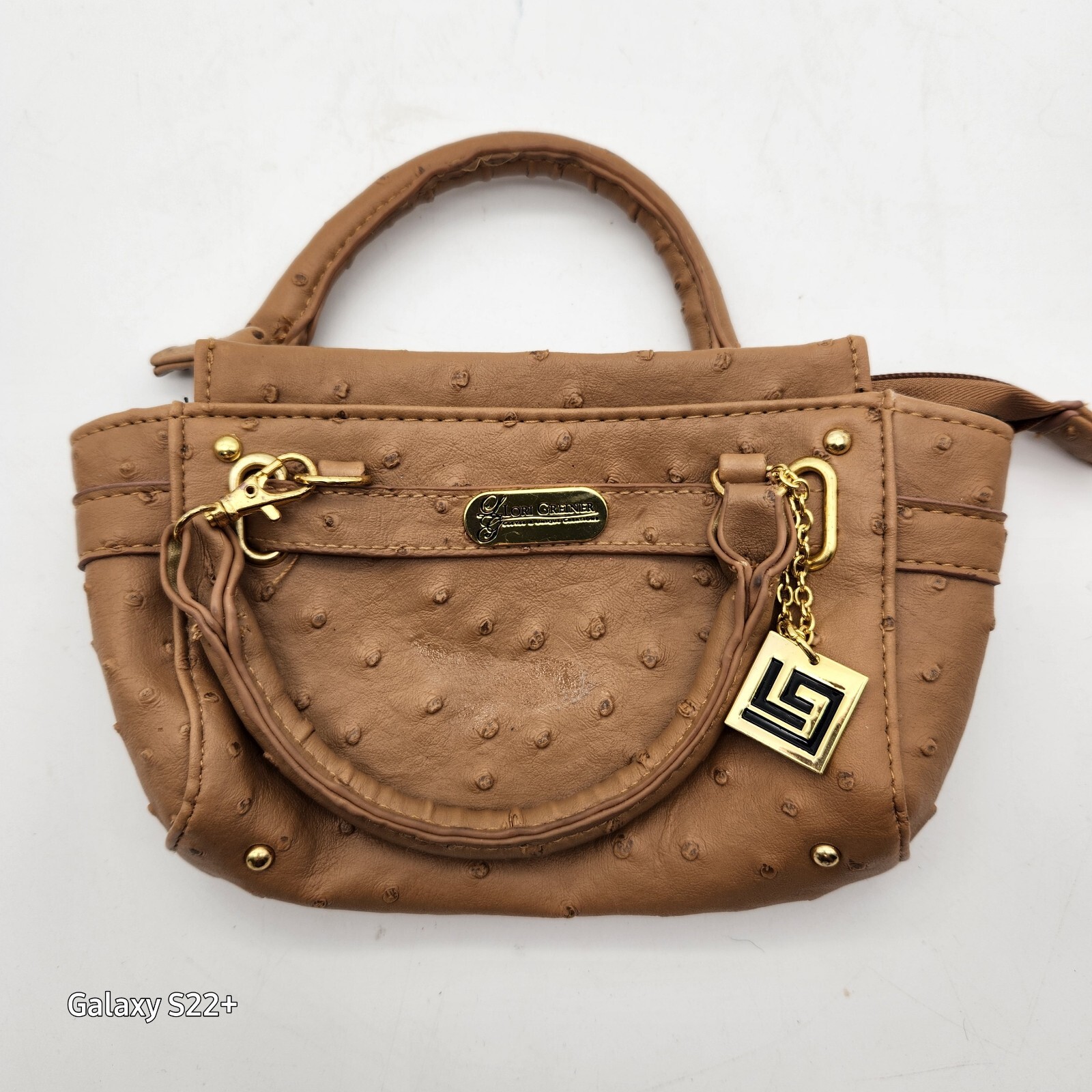 LORI GREINER Purse Tan Ostrich Look Logo Fob Wristlet… - Gem