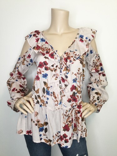 William Rast Large Floral Ruffle Button Peplum Cold Shoulder Top Shirt ...