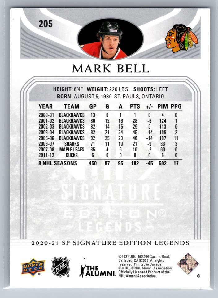 2020-21 SP Signature Edition Legends #205 Mark Bell Chicago Blackhawks ...