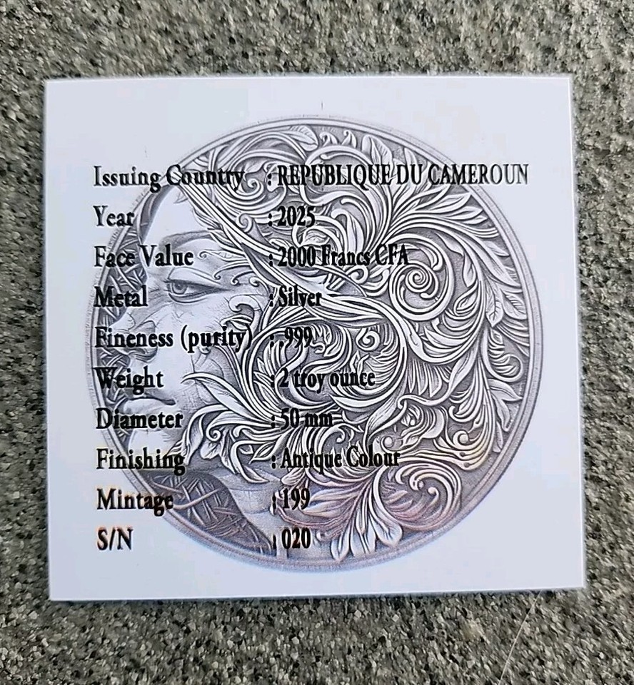 2 OZ .999 PURE SILVER NORSE GODDESS FRIGG CAMEROON ROUND BULLION COIN ...