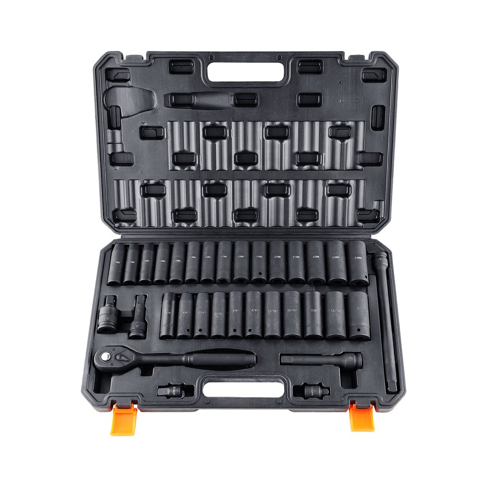 Impact Sockets Set 33pcs 6-Point 1/2in Drive Bit Ratchet Tool Kit Case ...