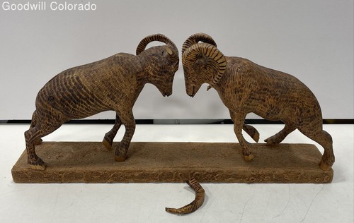 Carved Wooden Rams Butting Heads Decorative Figurine | eBay