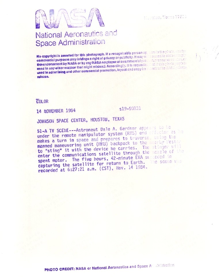 STS-51A EVA Gardner Westar VI Satellite Capture Rare 1984 - Original ...
